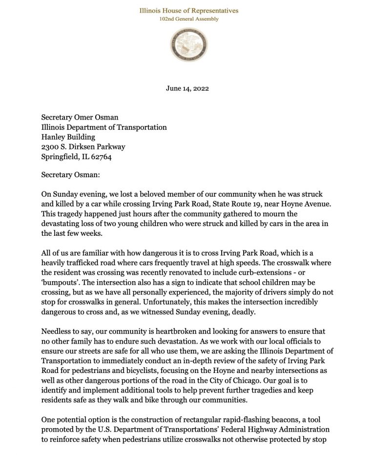 Rep. Ann Williams Urges IDOT to Protect Pedestrians on Irving Park Road ...